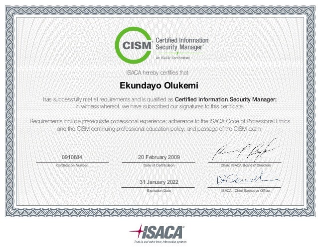 Ekundayo Olukemi ISACA CISM Certification - Current Ekundayo Olukemi ISACA CISM Certification - Current