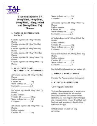Cisplatin for Injection Taj Pharma SmPC | PDF