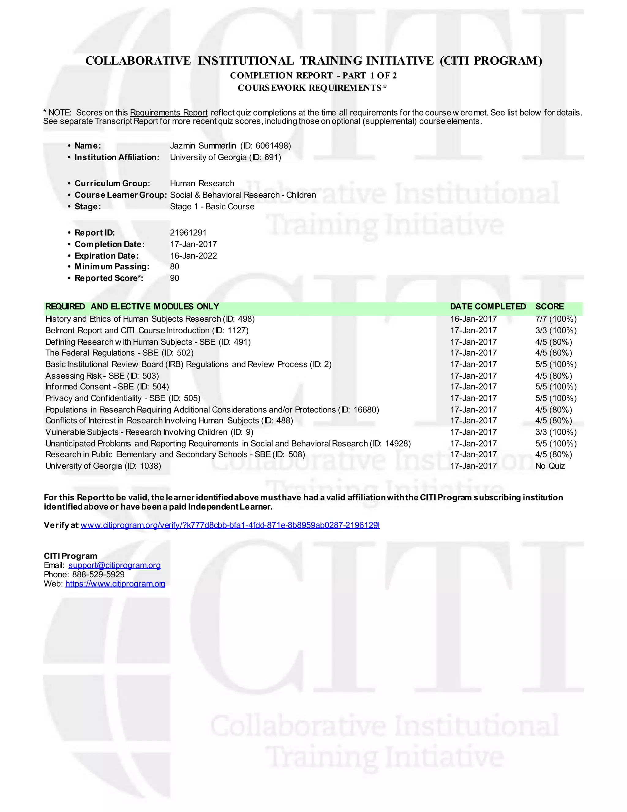 CITI Completion Report | DOCX