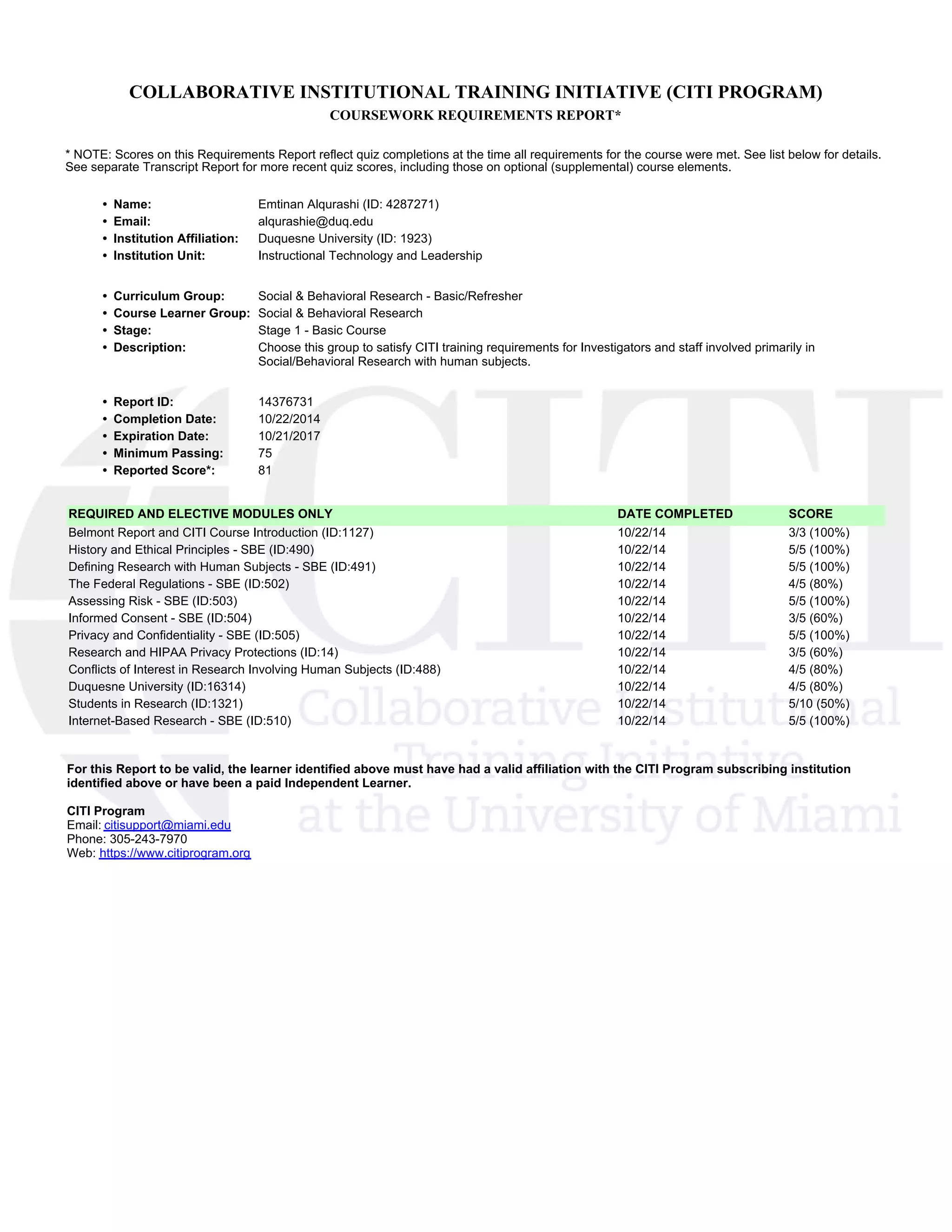 Citi completion report | PDF | Undergraduate Education | College Education