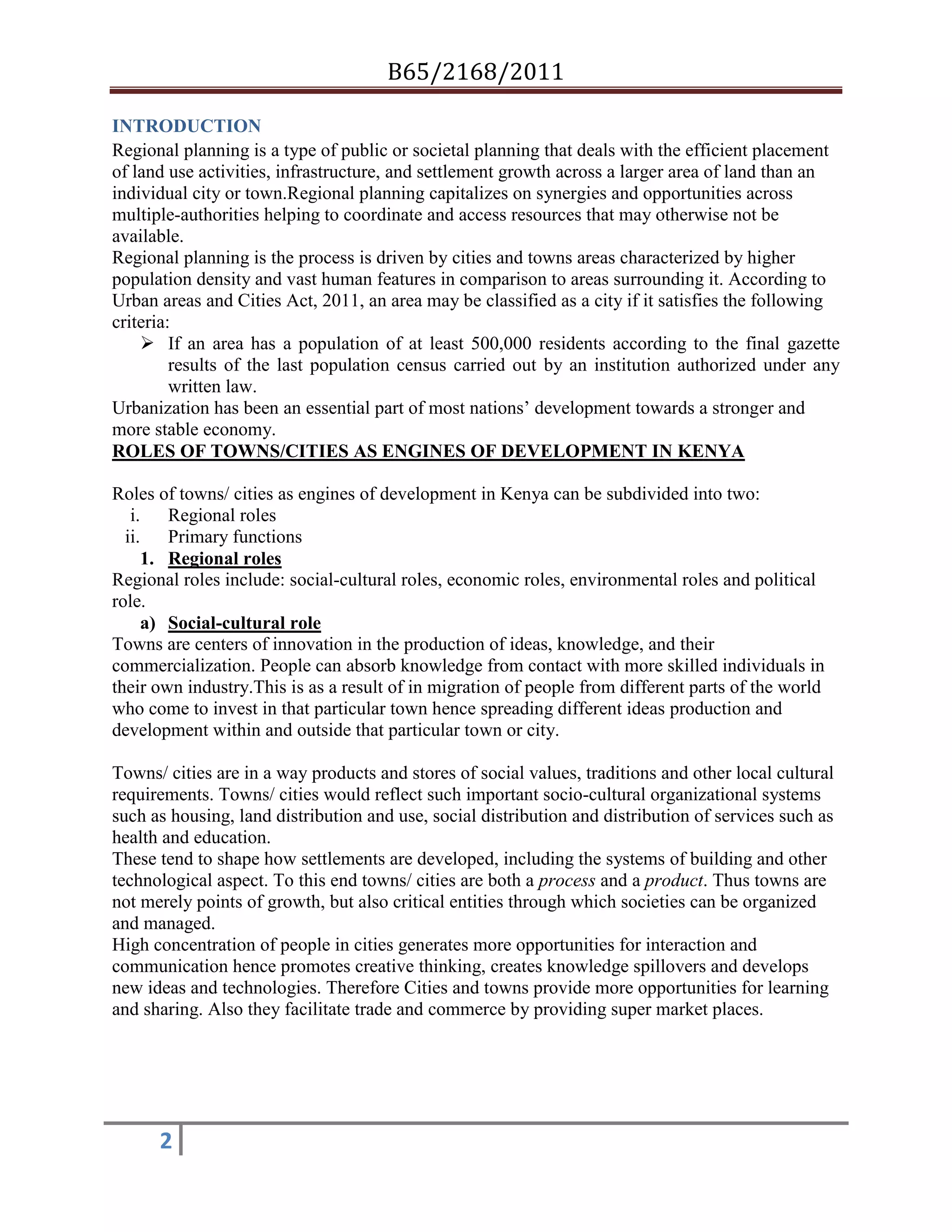 Role of Cities and towns as engines of Regional planning in Kenya | DOCX