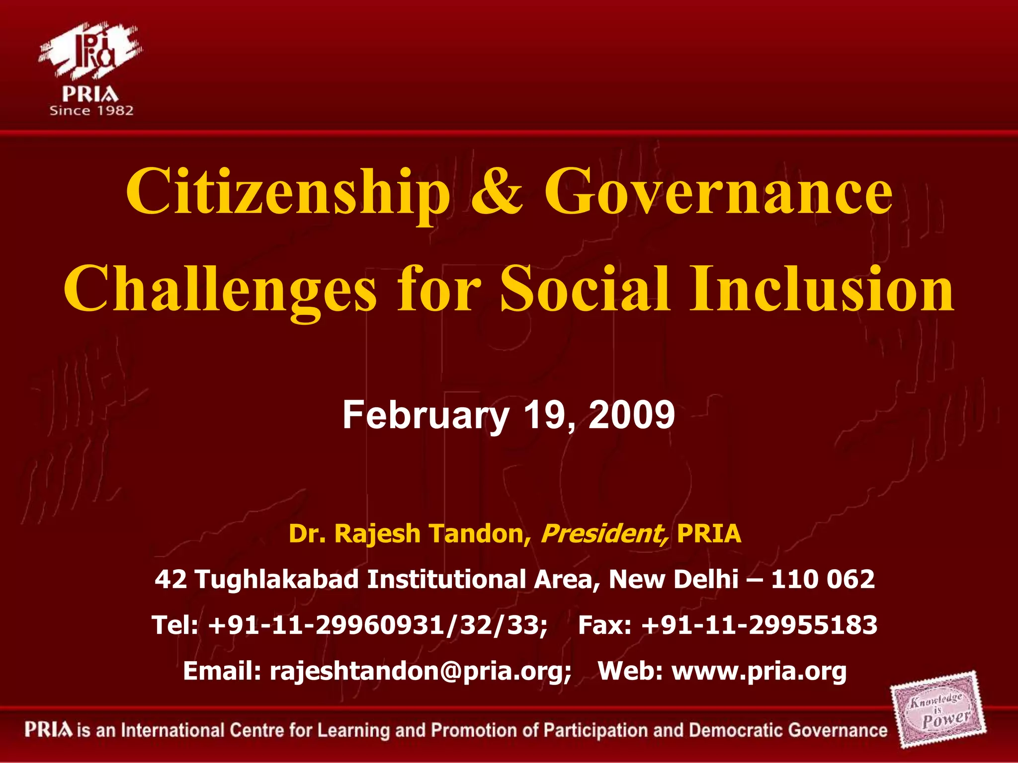 Citizenship & Governance Challenges for Social Inclusion | PPT