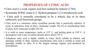 CITRIC ACID production its applications | PPTX