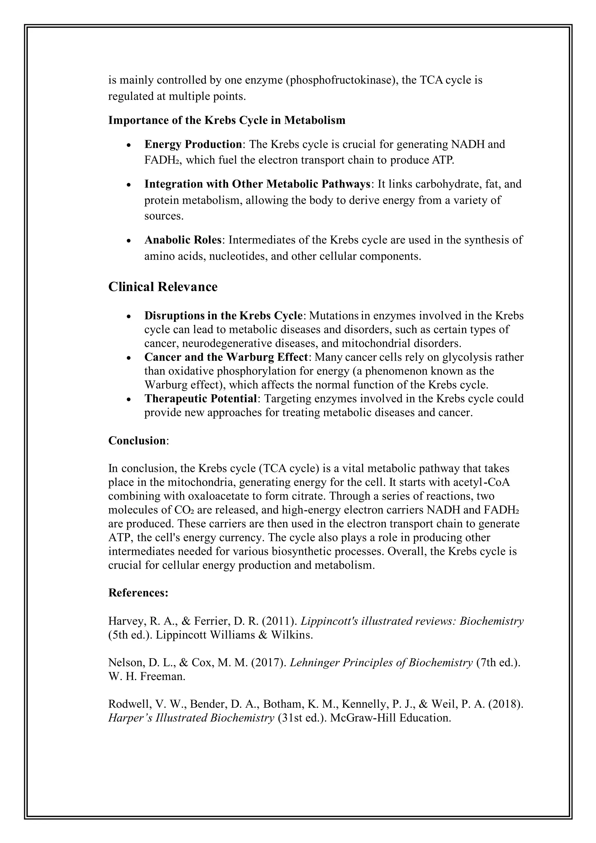 Steps of Citric Acid Cycle, or Kreb's cycle | PDF