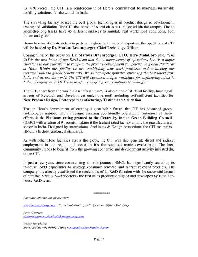 Hero R&D Jaipur - Press Release | PDF