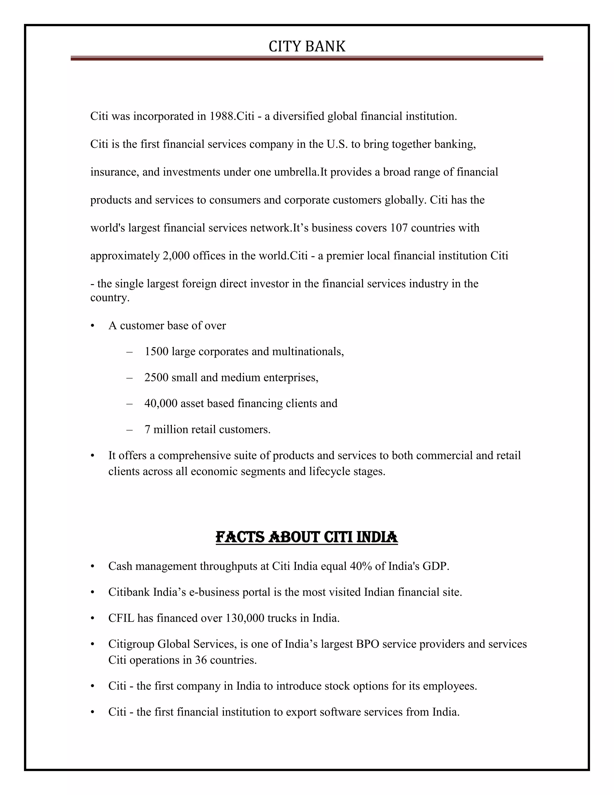 CITI BANK PROJECT MCOM PART 1 | DOCX