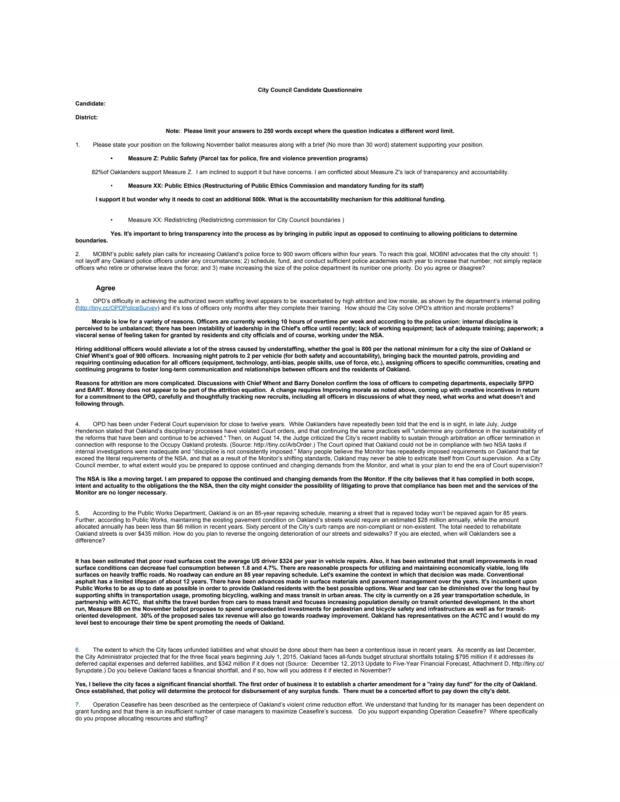 City council candidate questionnaire Dana King - D2 | PDF | Civic ...