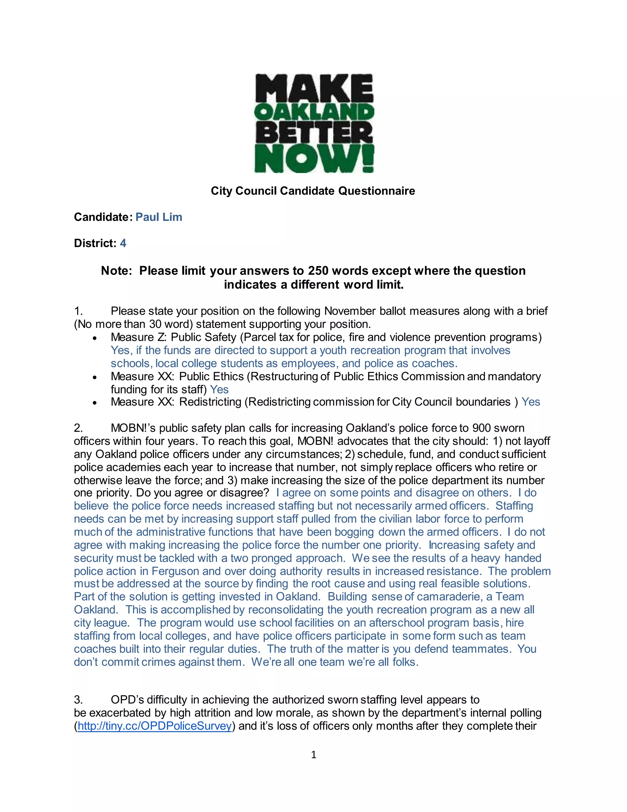 City council candidate questionnaire Paul Lim - D4 | DOCX | Financial ...