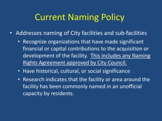 City Naming and Sponsorship Policy | PPTX | Developmental Sites | Real ...