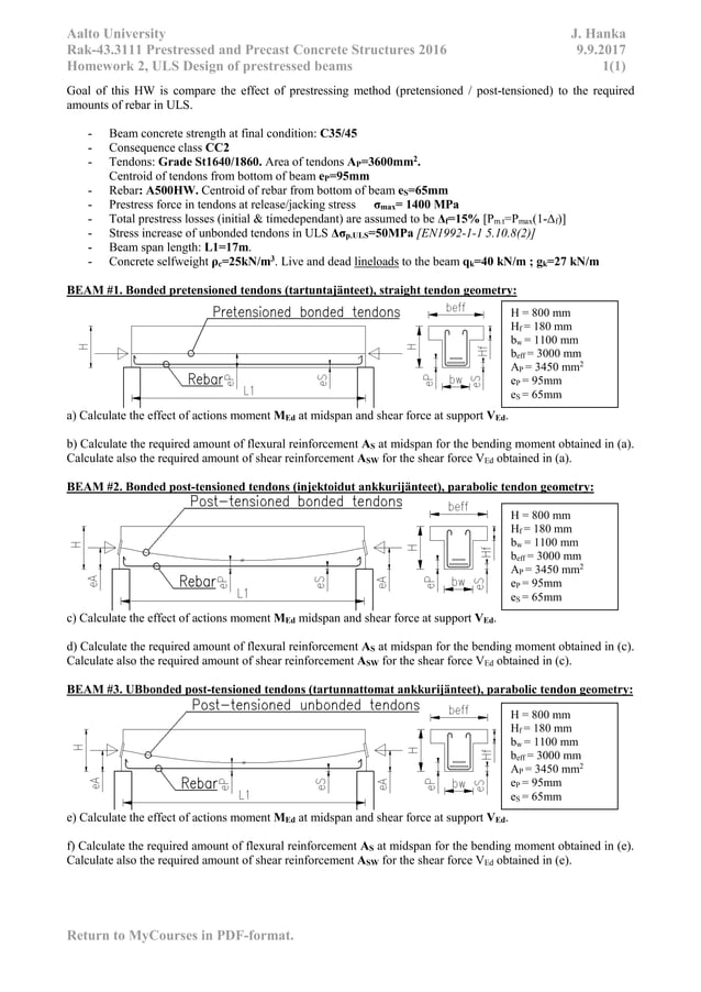 Prestressed concrete course assignments 2017 | PDF