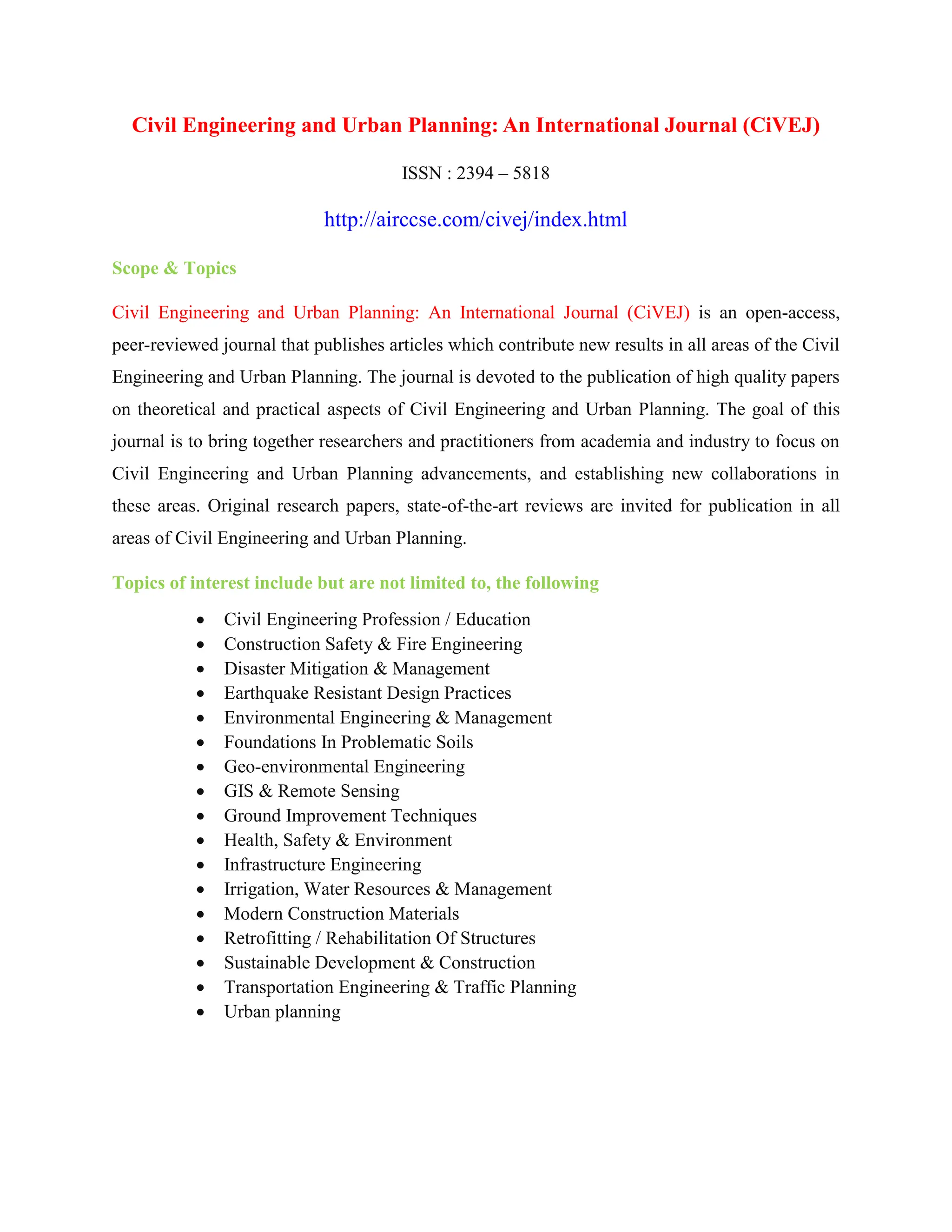 Civil Engineering and Urban Planning: An International Journal (CiVEJ ...