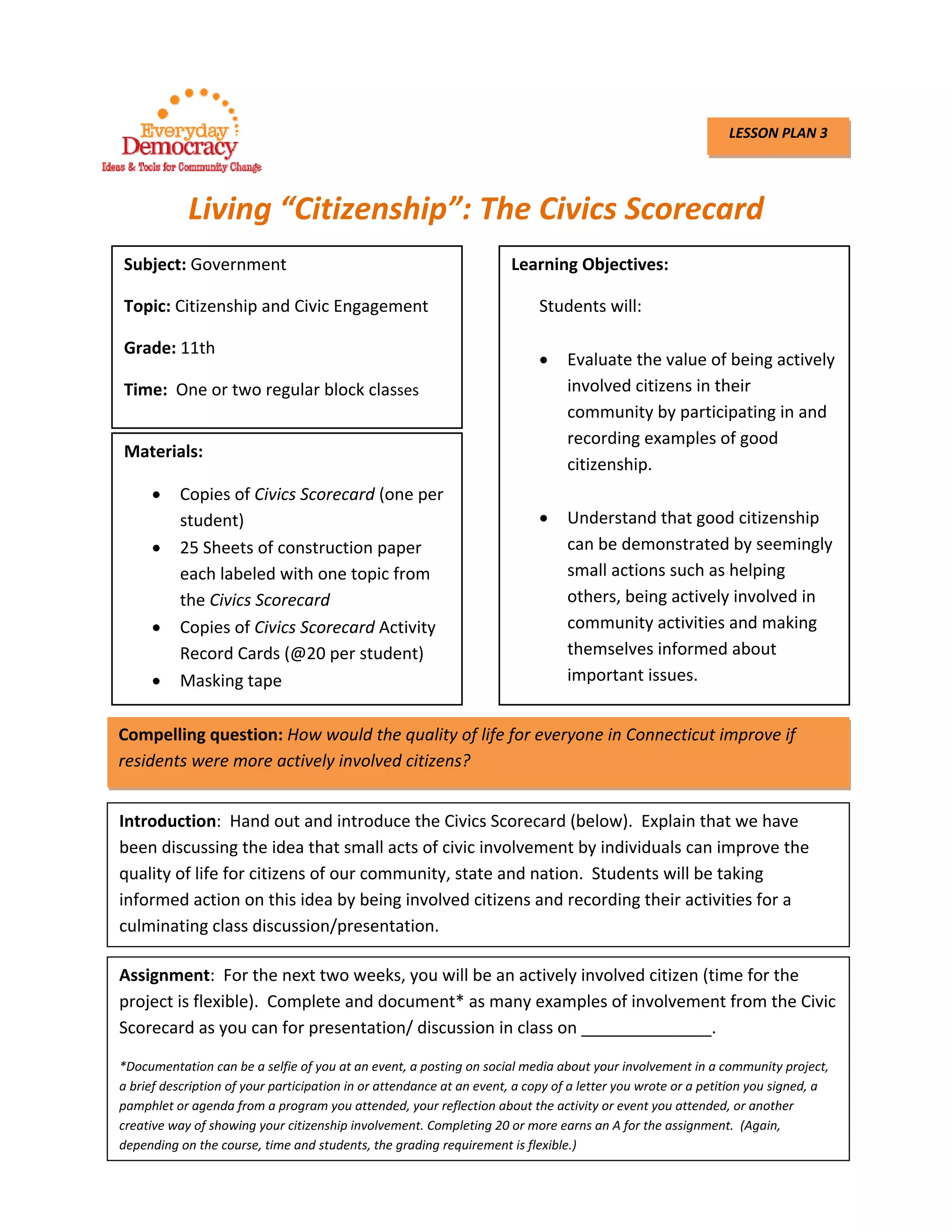 Civic Engagement Lesson Plan (Part 3) | PDF