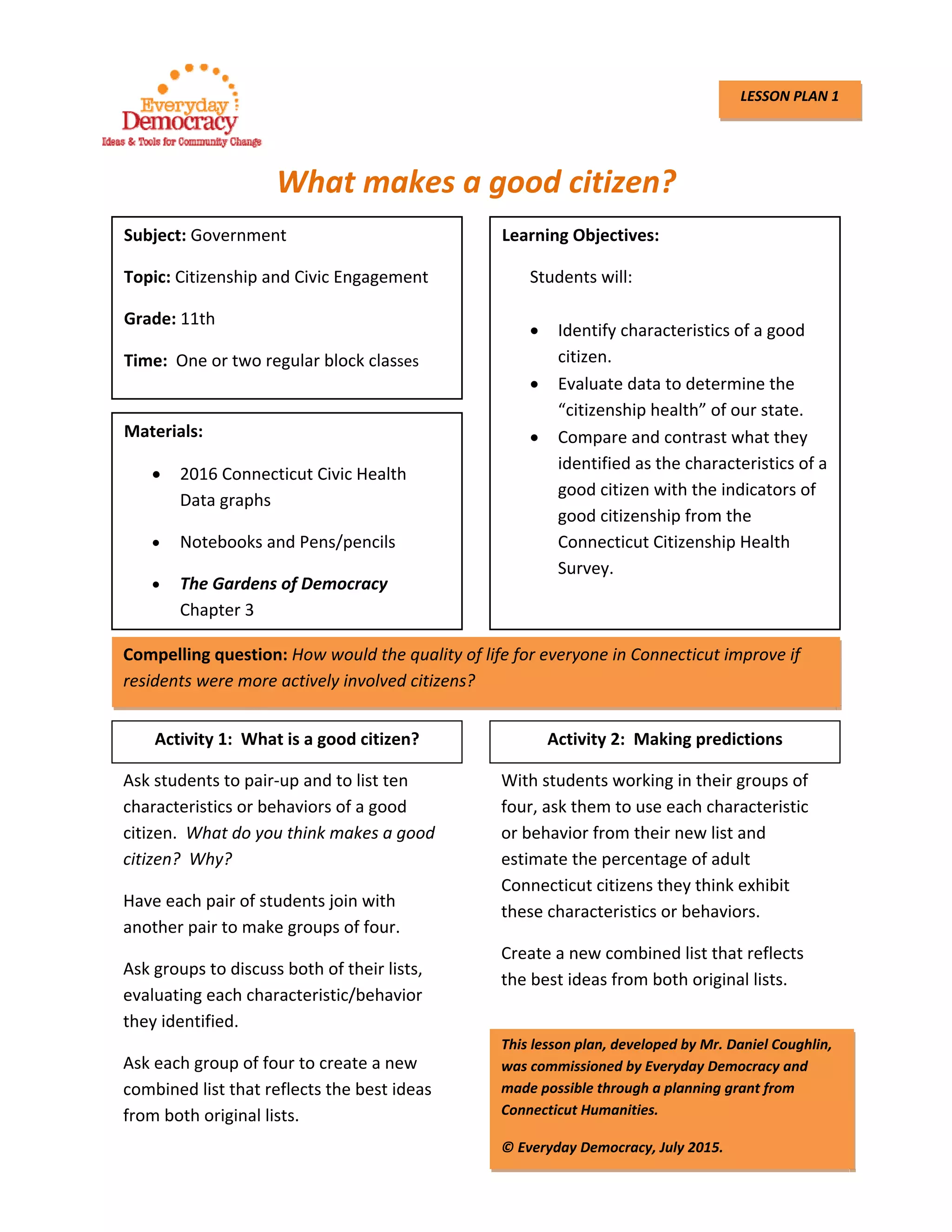 Civic Engagement Lesson Plan (Parts 1 and 2) | PDF