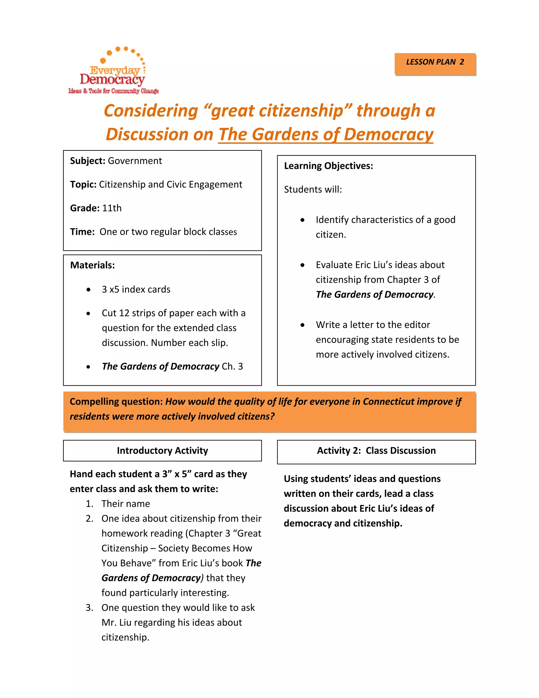 Civic Engagement Lesson Plan (Parts 1 and 2) | PDF