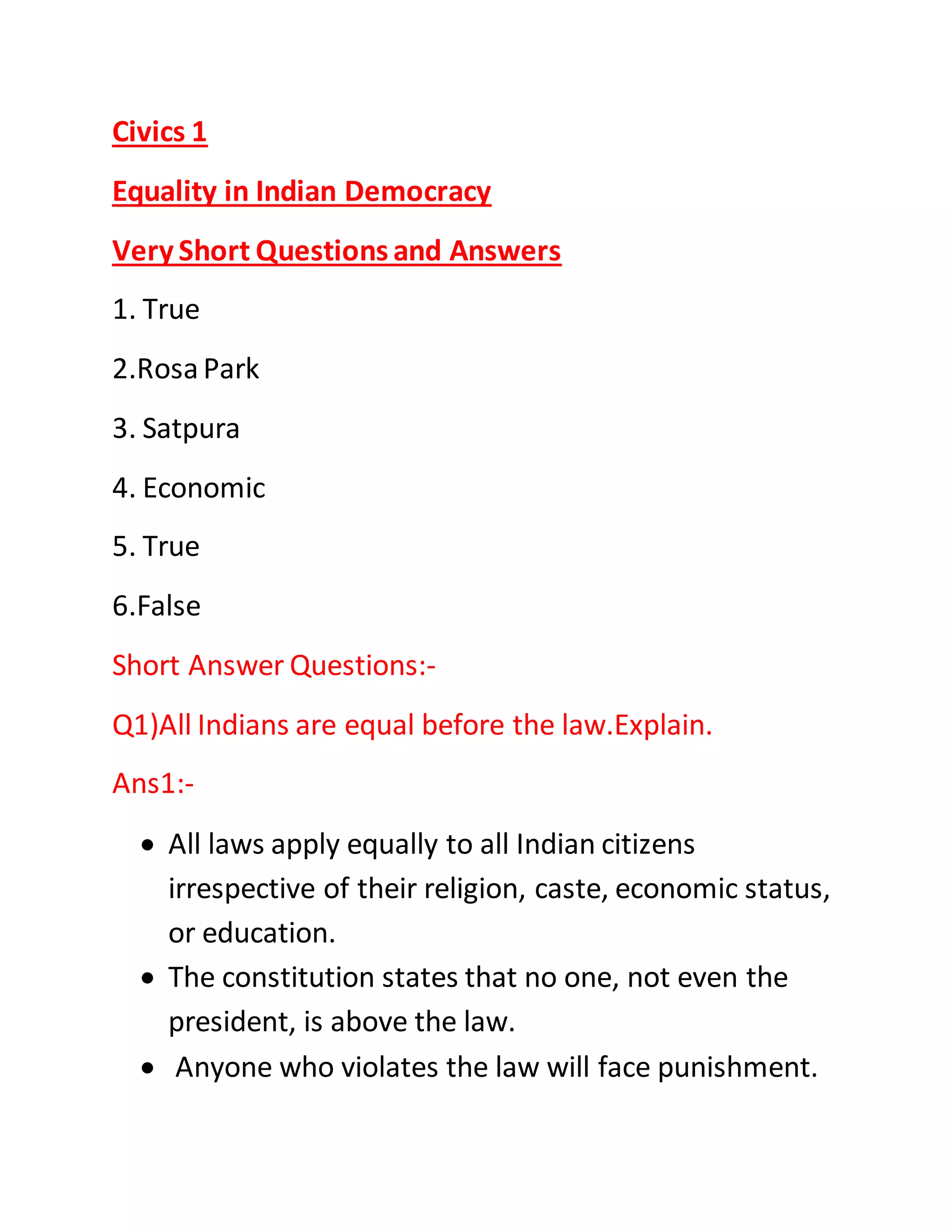 Equality in Indian Democracy Explained | PDF