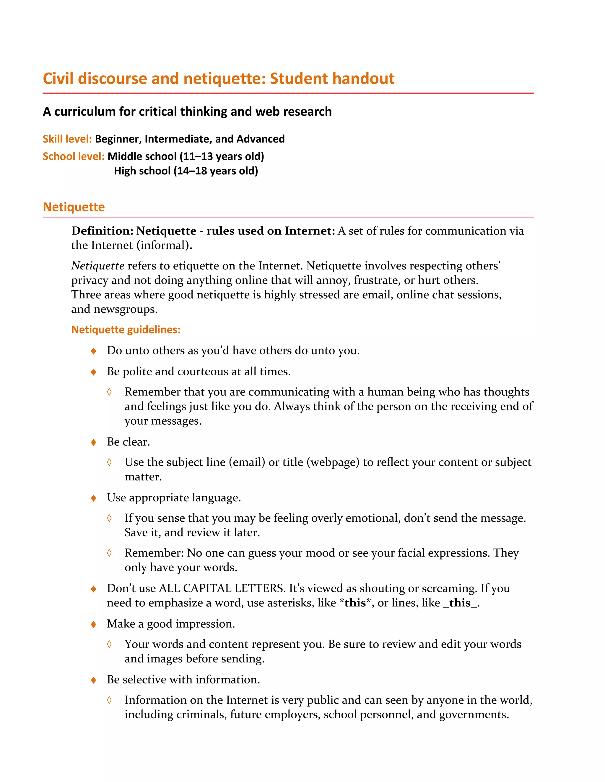 Civil discourse student_handout | DOC | Email | Internet