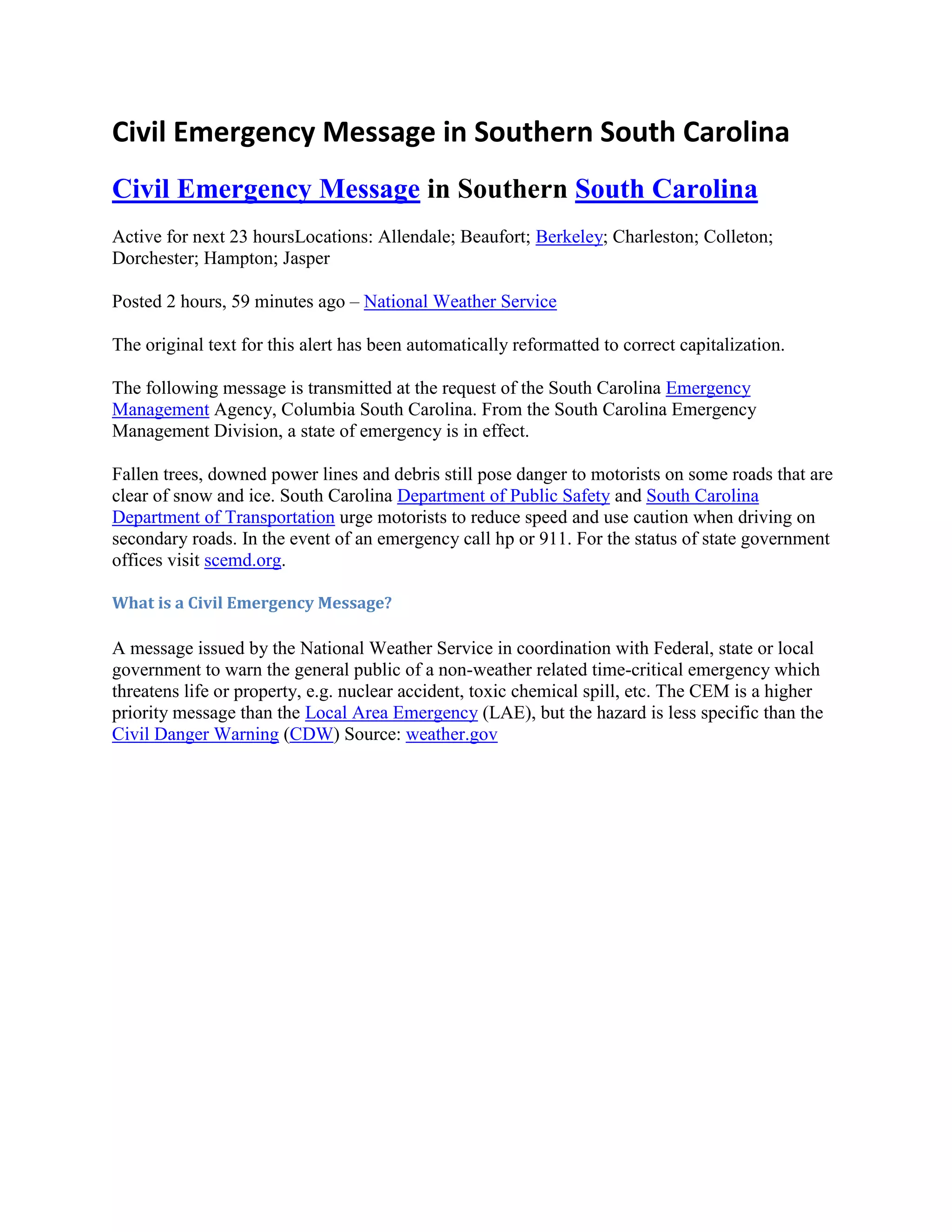 Civil emergency message in southern south carolina | PDF