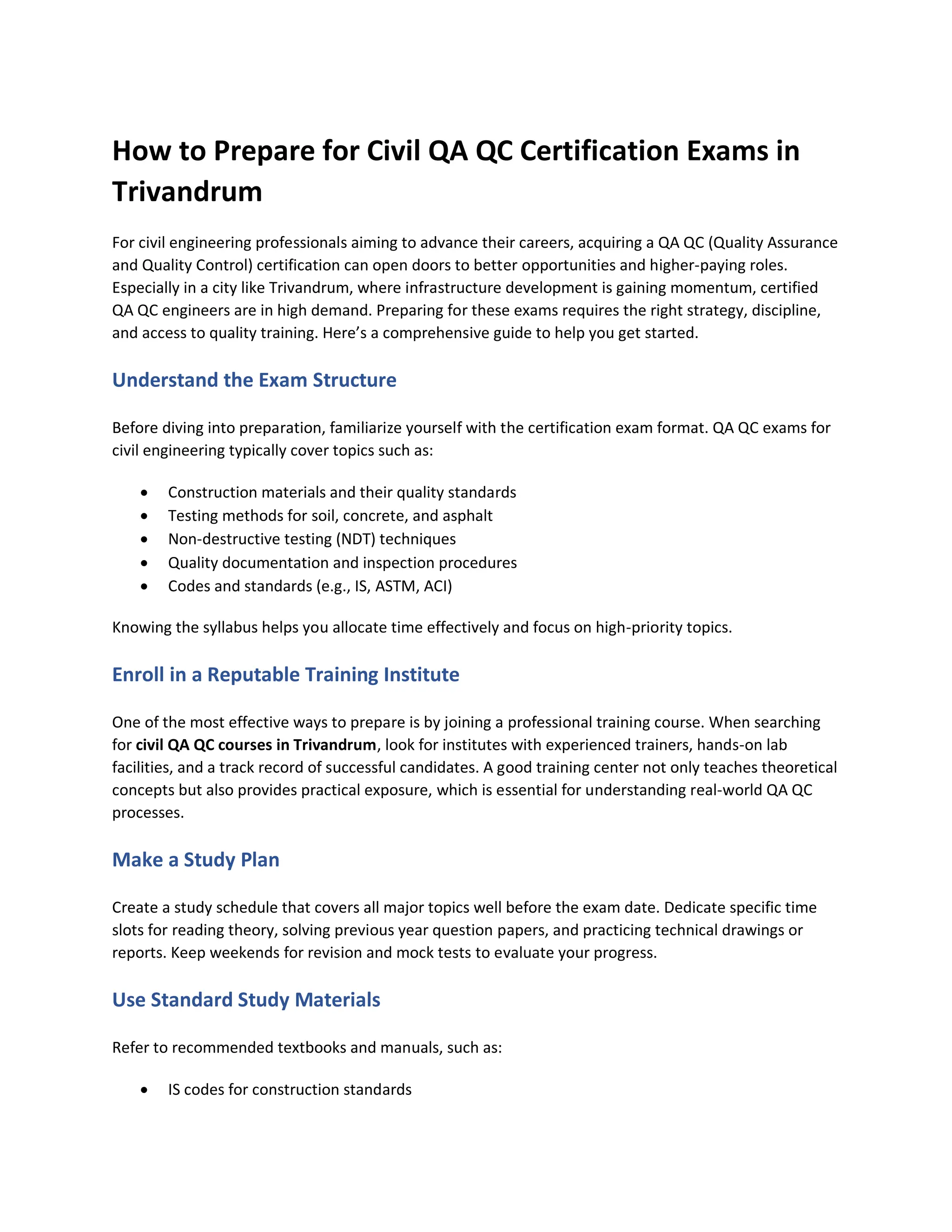 How to Prepare for Civil QA QC Certification Exams in Trivandrum | PDF