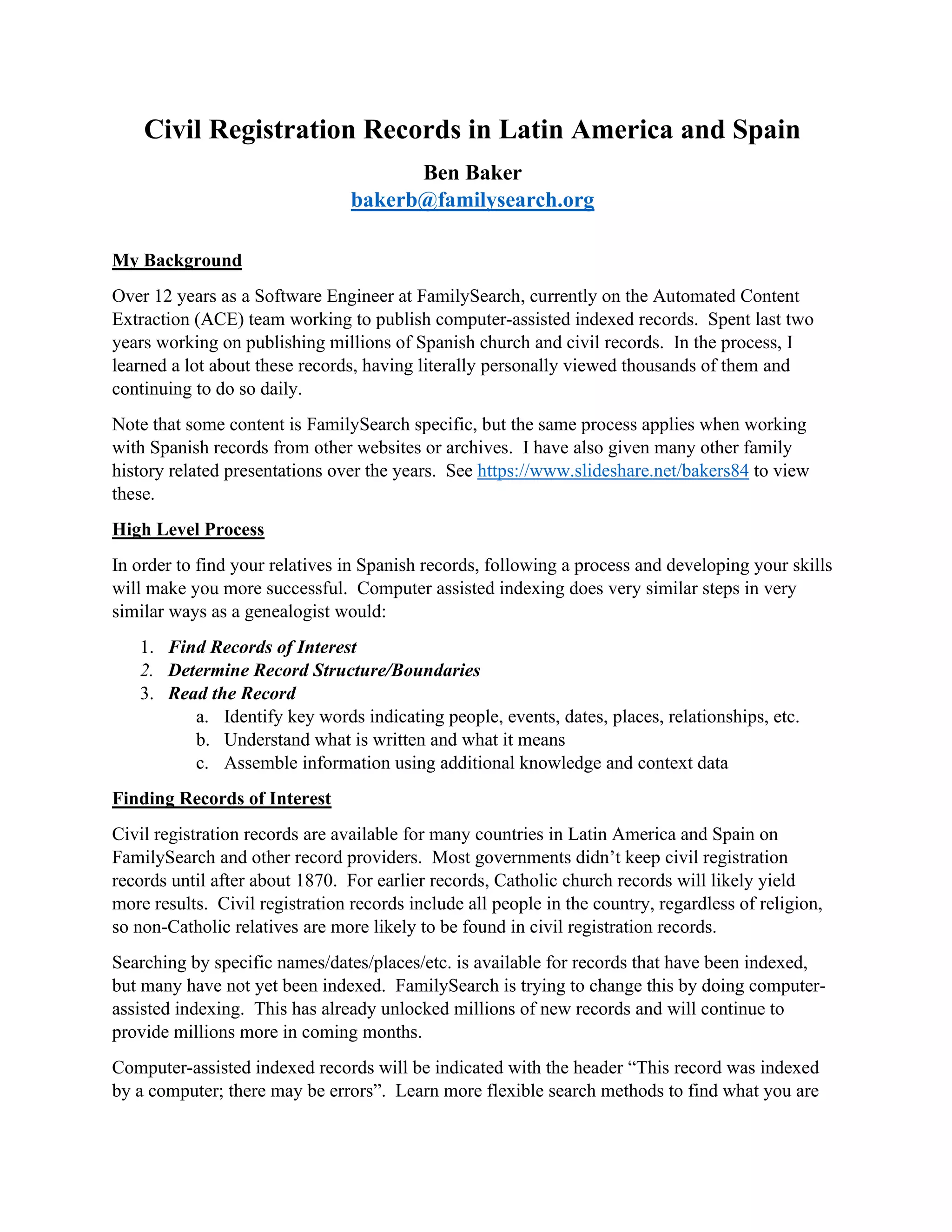 Civil Registration Records in Latin America and Spain - Handout | PDF