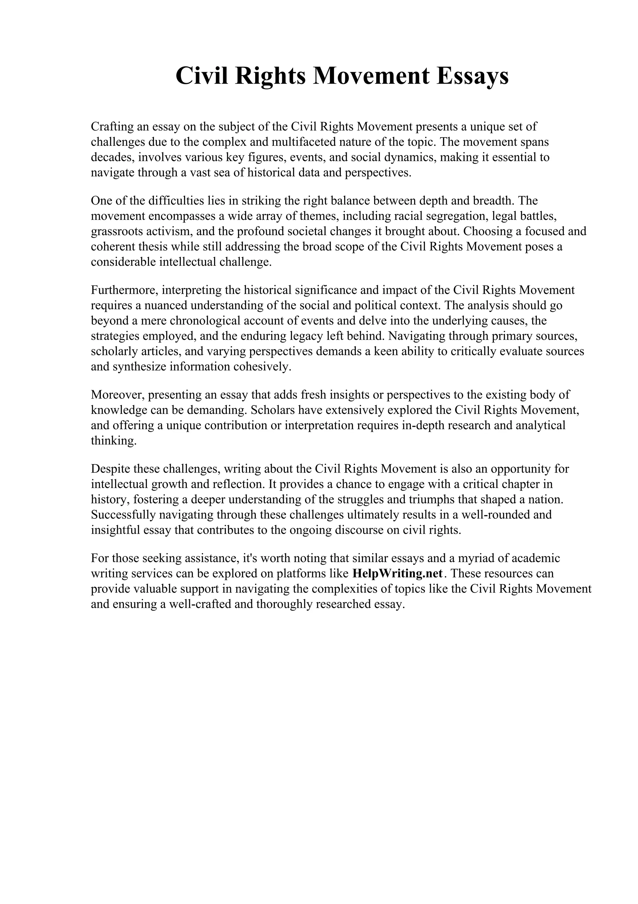 Civil Rights Movement Essays | PDF | Civic affairs | Politics