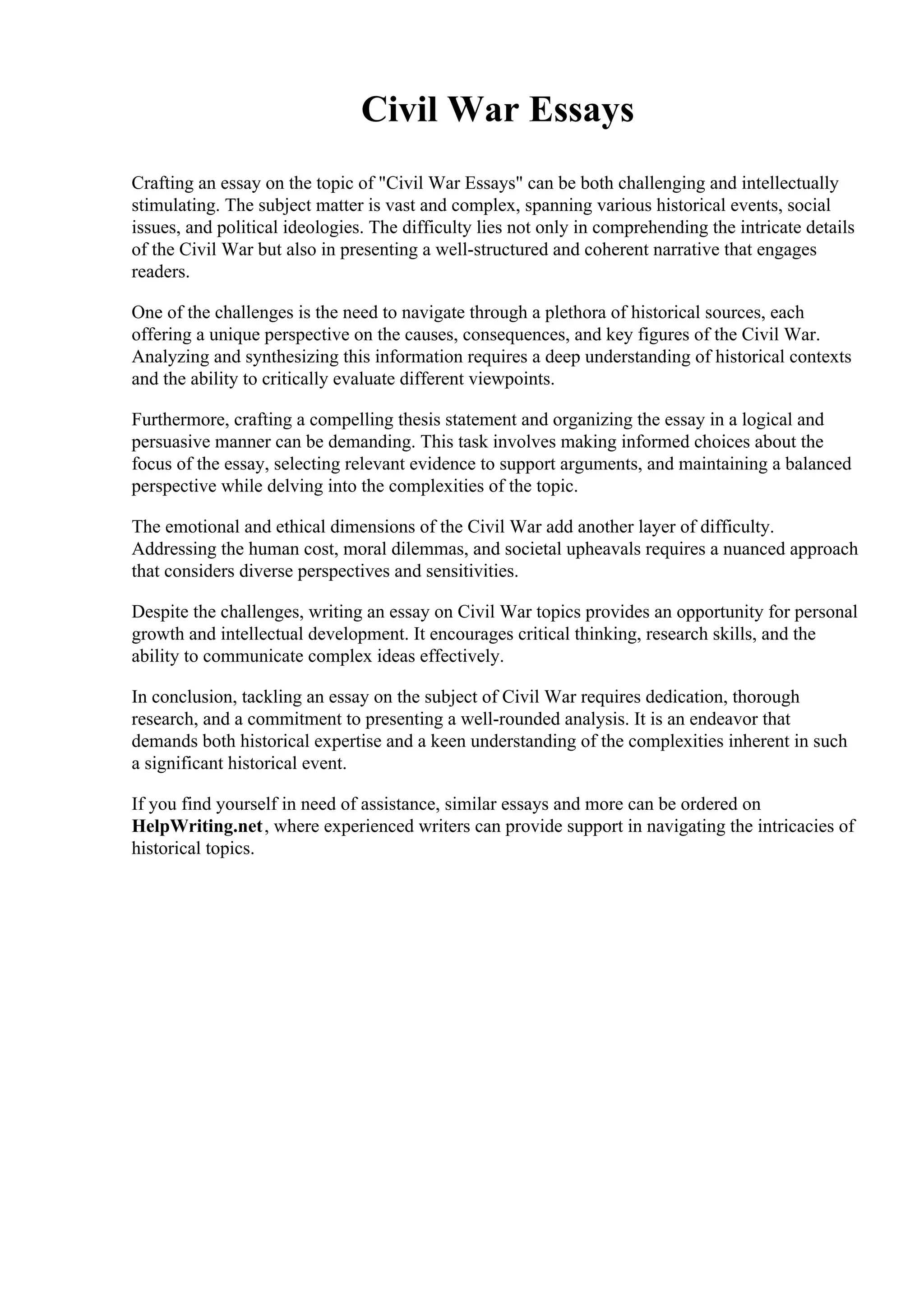 Civil War Essays. Sandhills Community College | PDF