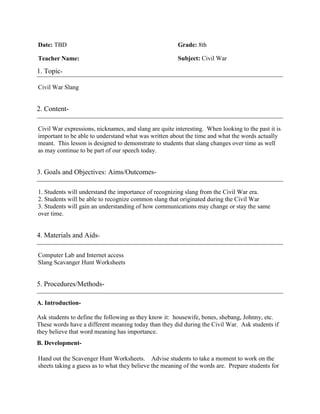 Civil War Slang Lesson Plan | DOCX