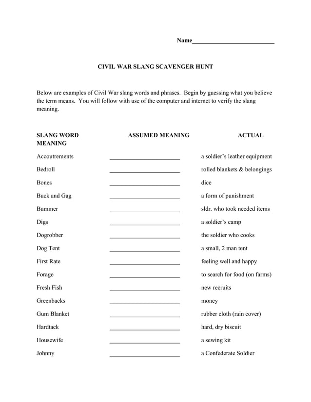 Civil War Slang Worksheet With Answers | PDF