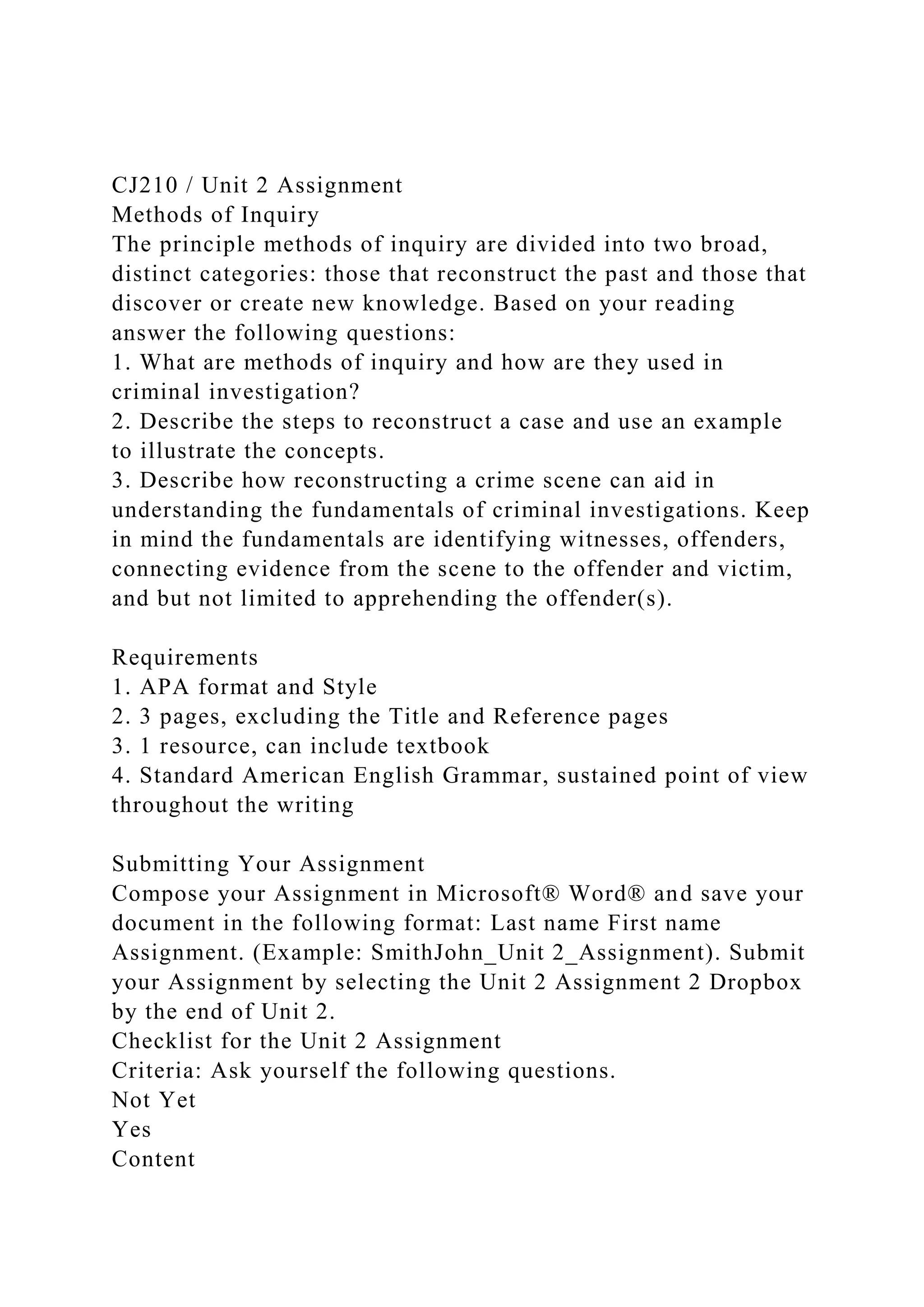 CJ210 Unit 2 AssignmentMethods of InquiryThe principle metho.docx