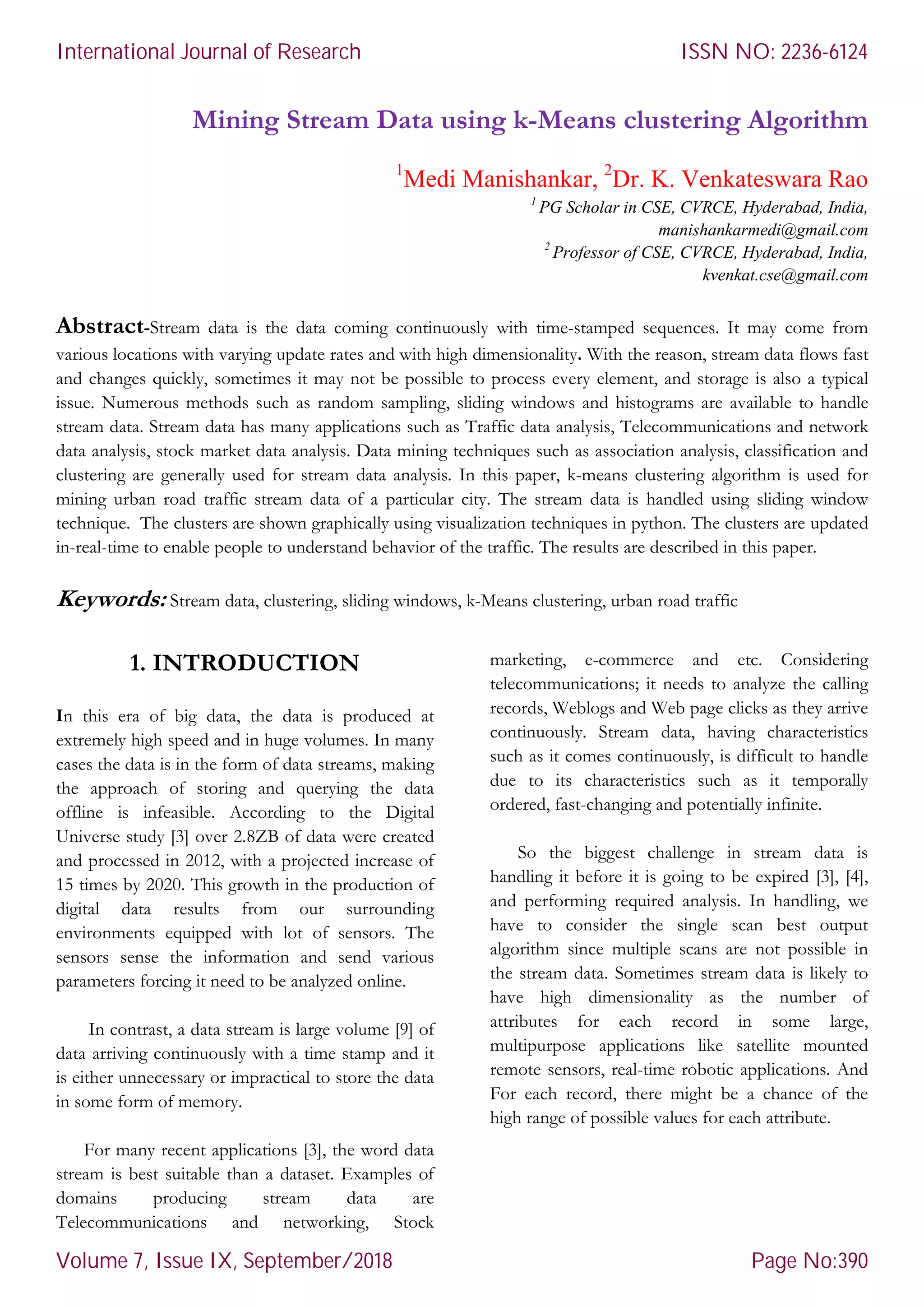 Mining Stream Data using k-Means clustering Algorithm | PDF