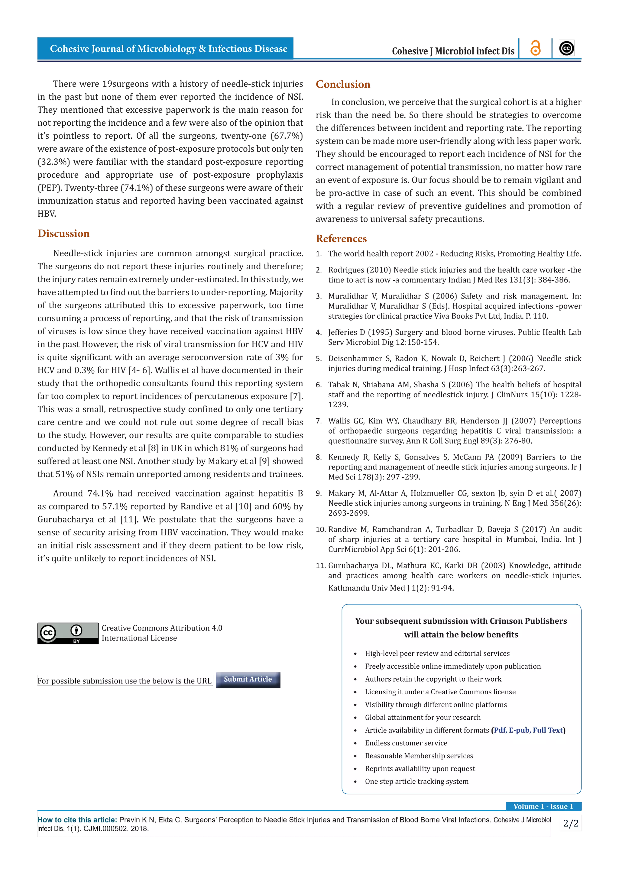 Surgeons’ Perception to Needle Stick Injuries and Transmission of Blood Borne Viral Infections ...