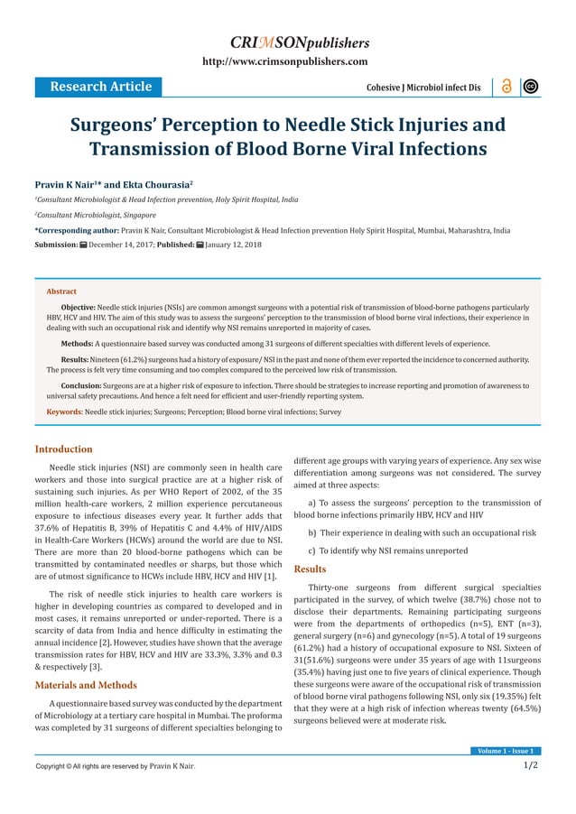 Surgeons’ Perception to Needle Stick Injuries and Transmission of Blood ...