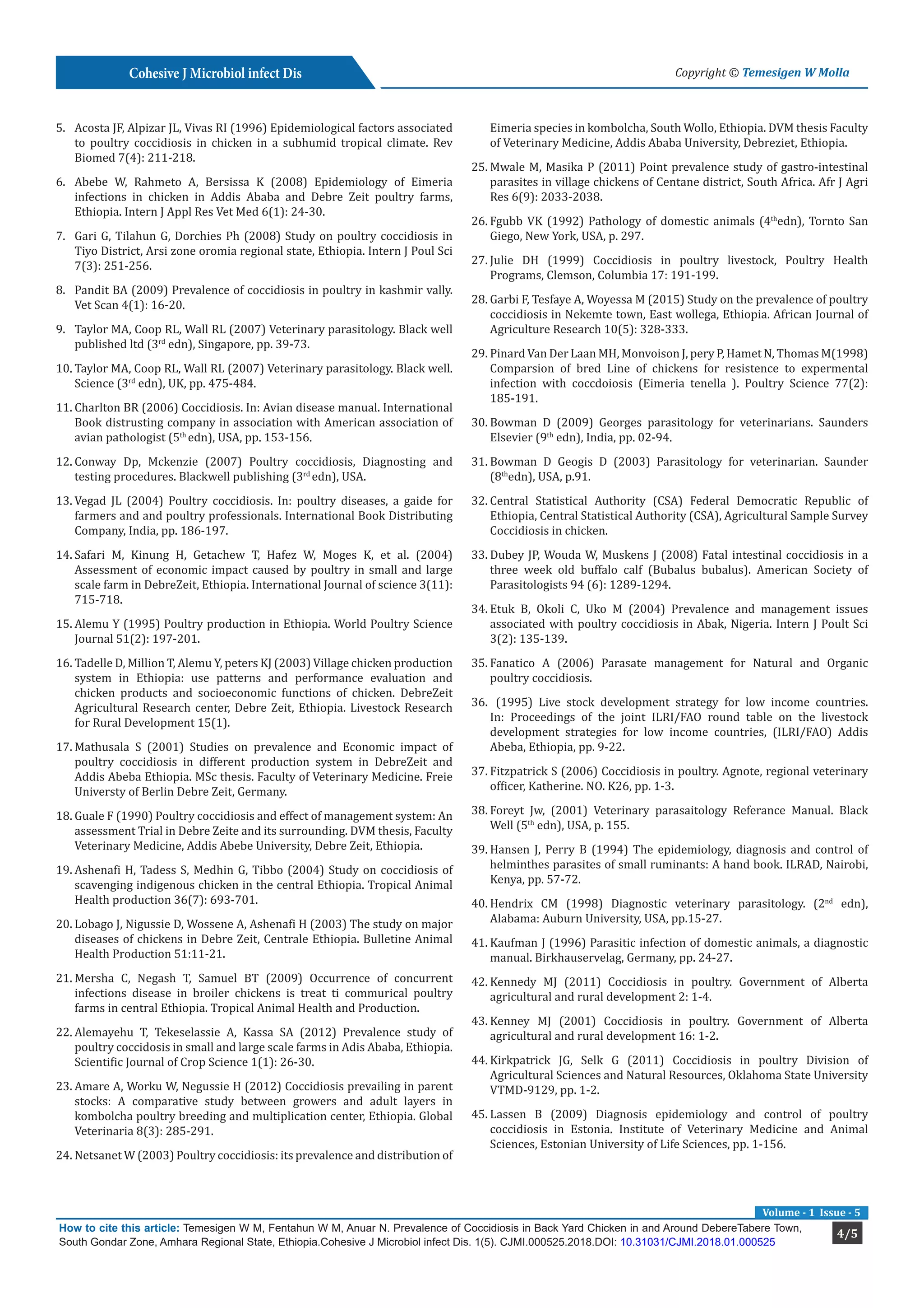 Prevalence of Coccidiosis in Back Yard Chicken in and Around ...