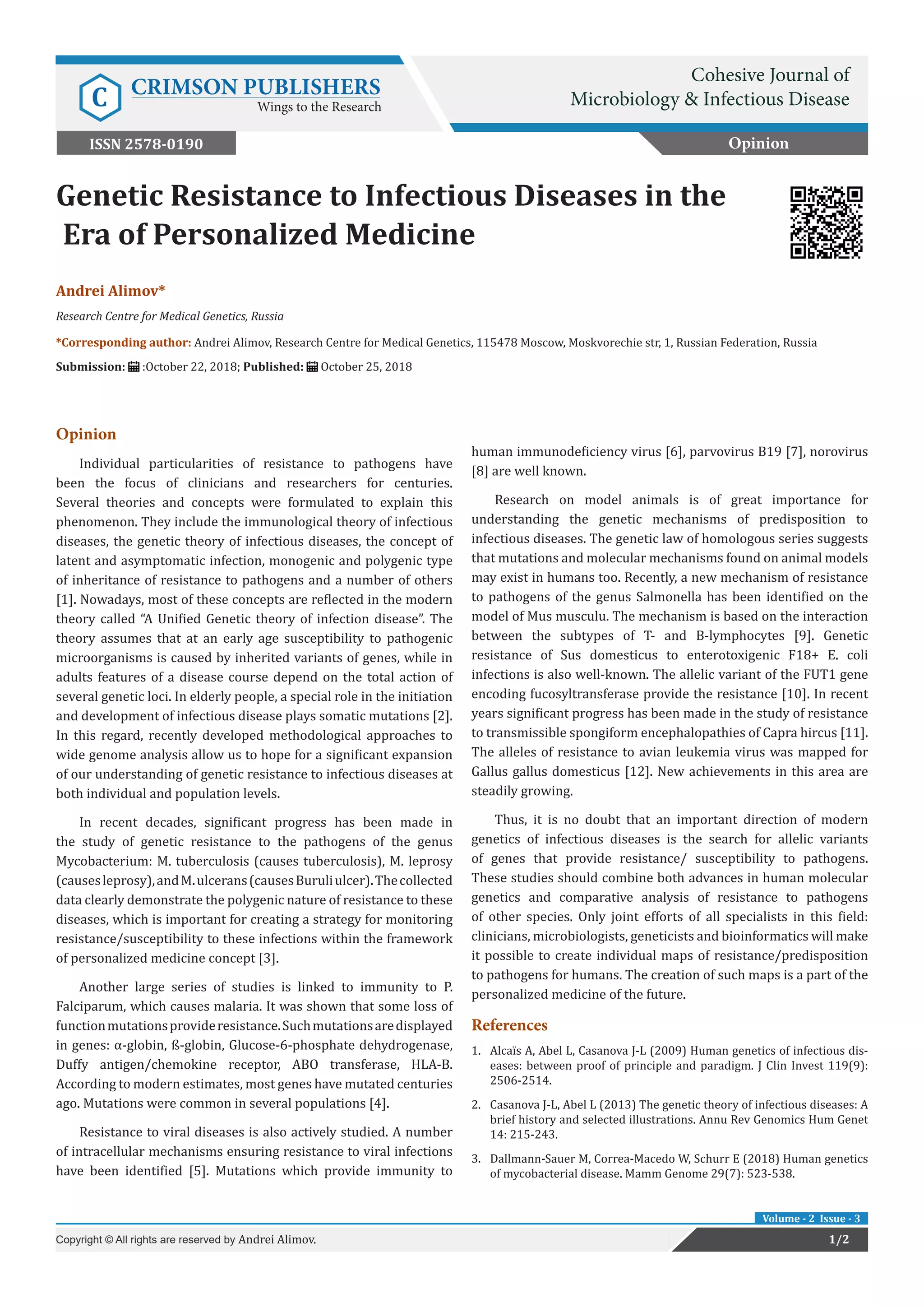 Genetic Resistance to Infectious Diseases in the Era of Personalized ...