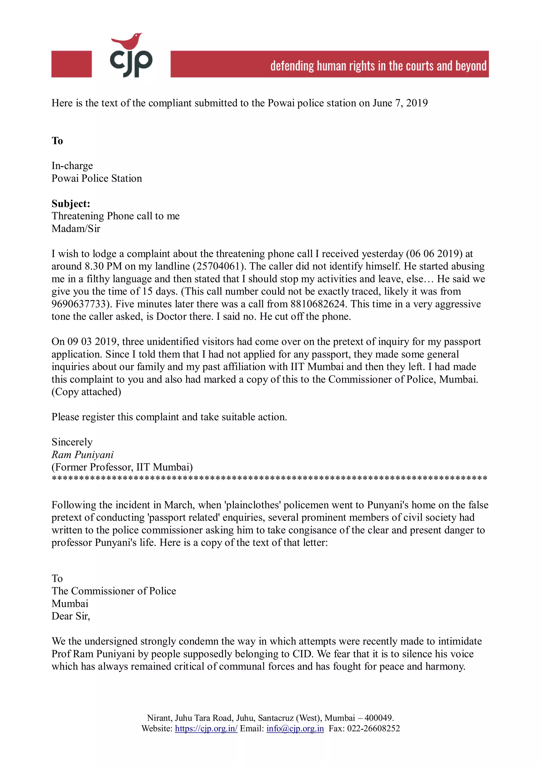 CJP letter to nhrc about threat to ram puniyani life | PDF | Crime ...