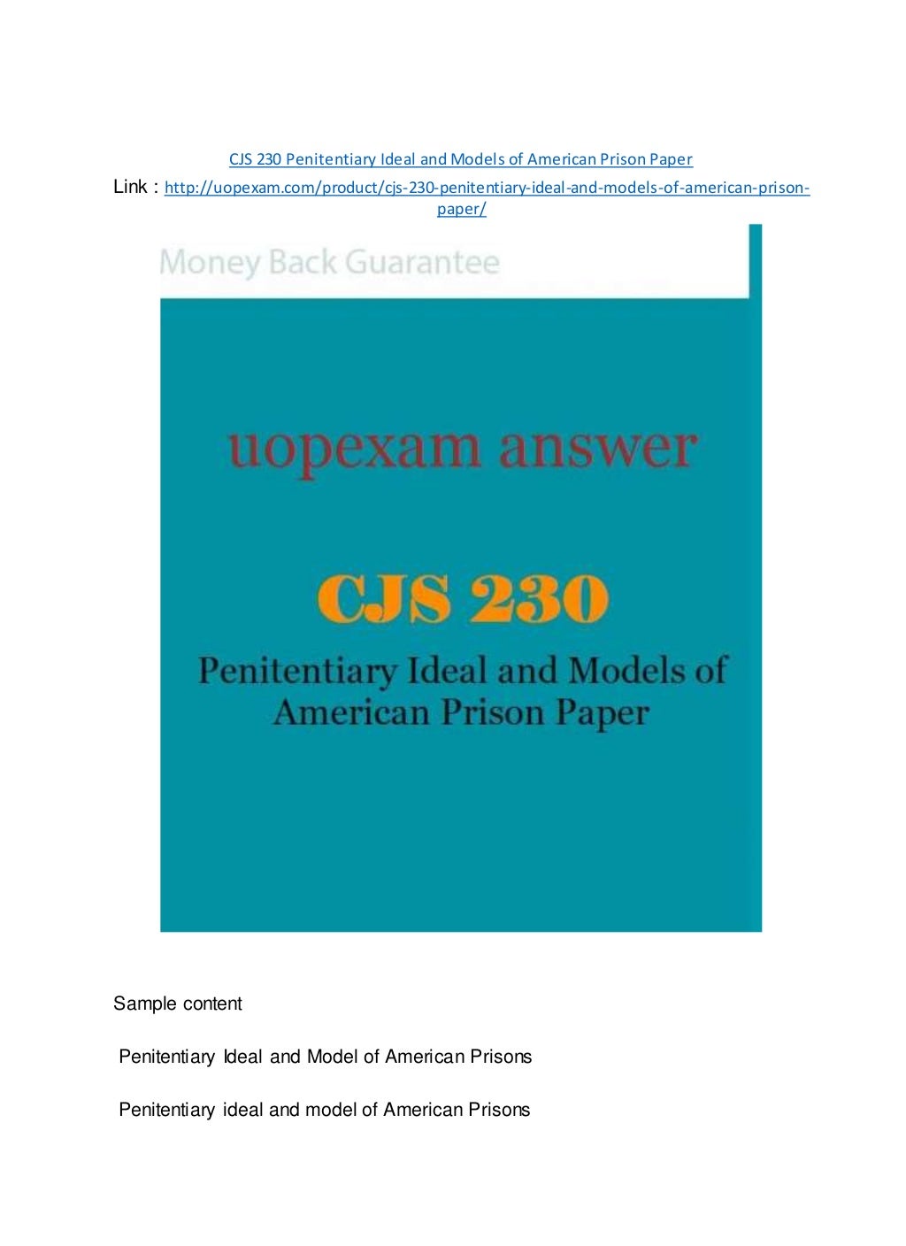 CJS 230 Penitentiary Ideal and Models of American Prison Paper 2015 version