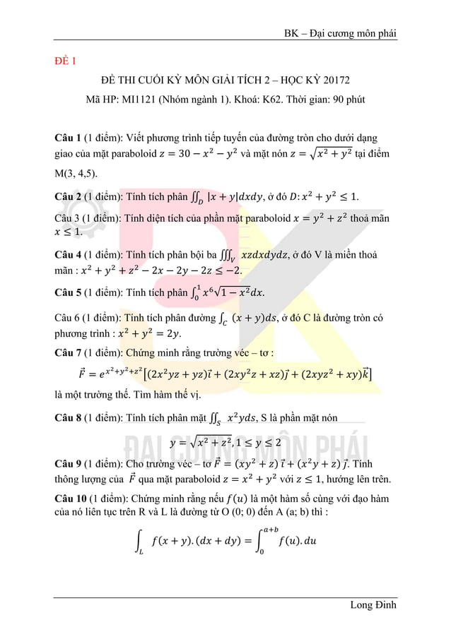 Đê thi cuối kỳ giải tích 2 | PDF