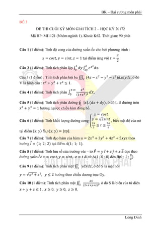 Đê thi cuối kỳ giải tích 2 | PDF