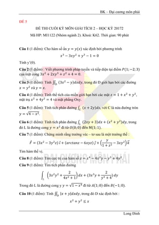 Đê thi cuối kỳ giải tích 2 | PDF