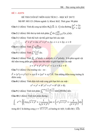 Đê thi cuối kỳ giải tích 2 | PDF