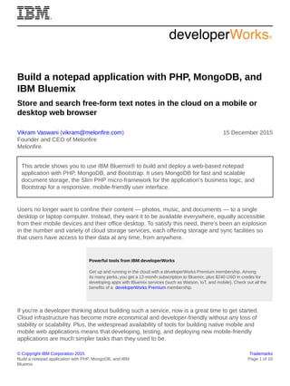 Build a notepad application with PHP, MongoDB, and IBM Bluemix - by Vikram Vaswani | PDF