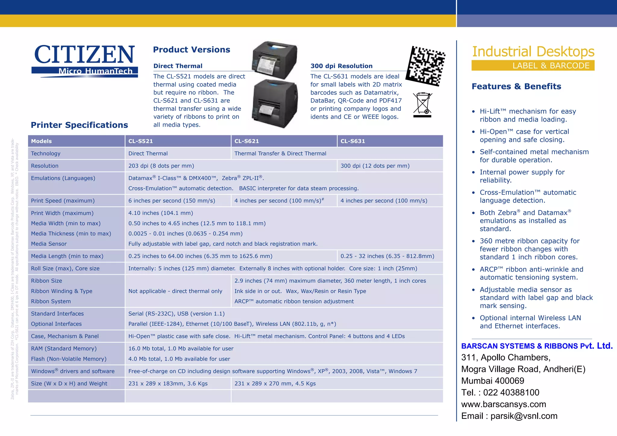 CL-S 621-631 Citizen Barcode Label Printer | PDF