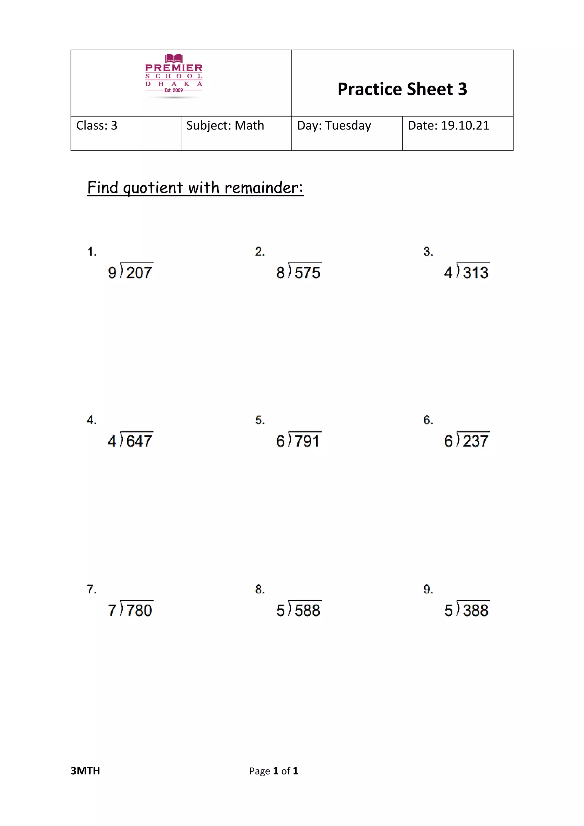 Cl3 math weekly practice sheet-3 | PDF