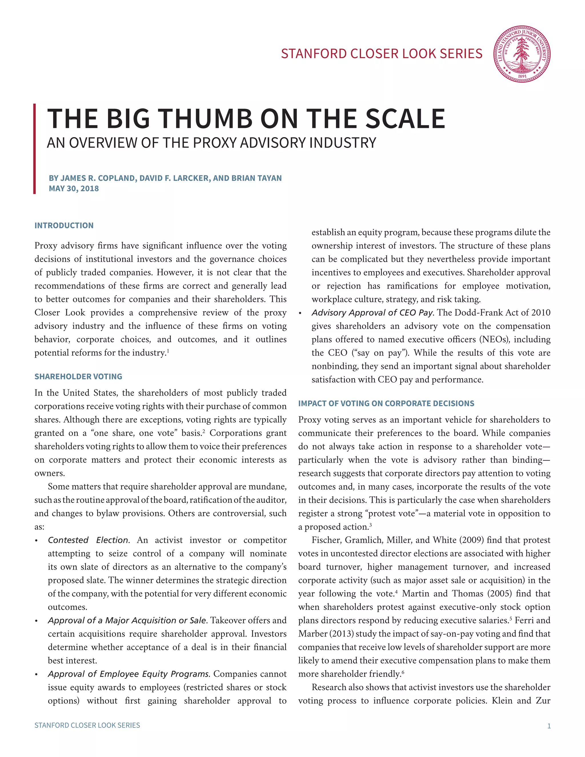 The Big Thumb on the Scale: An Overview of the Proxy Advisory Industry ...