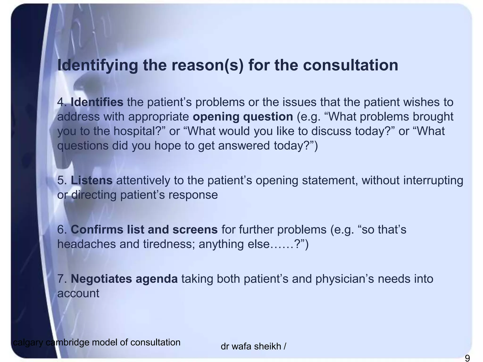 Calgary Cambridge model of consultation | PPT