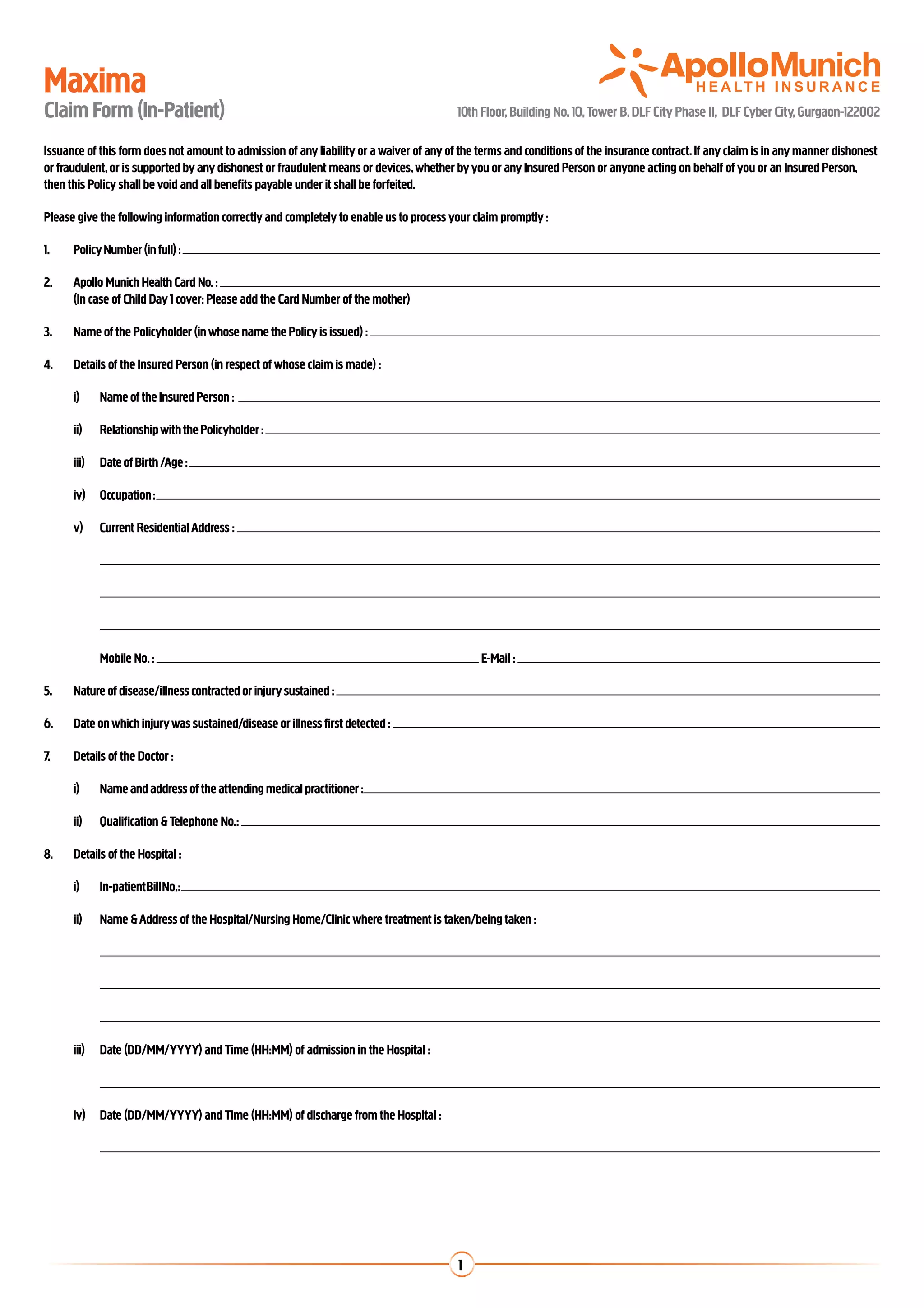 Apollo Munich Maxima Claim Form | PDF