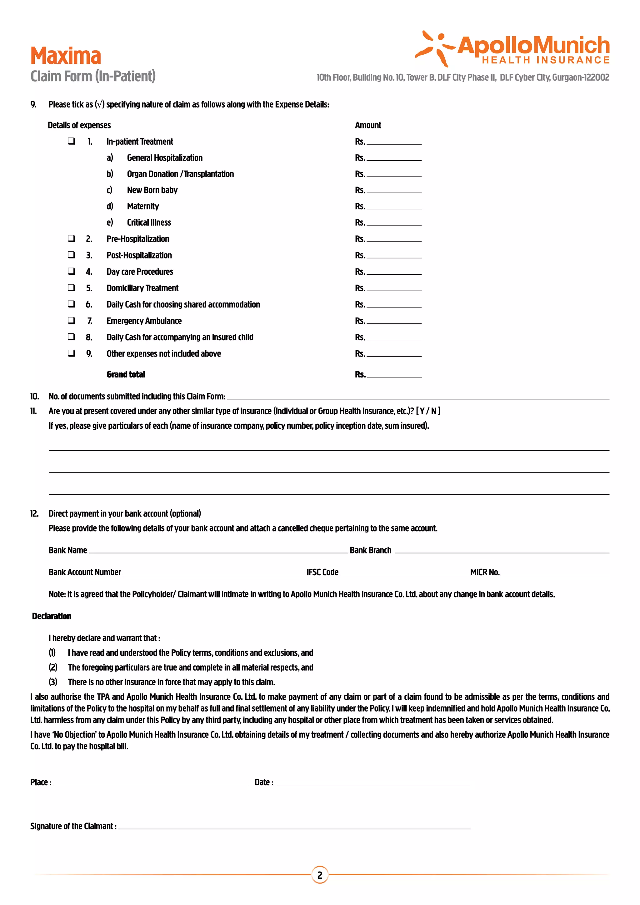Apollo Munich Maxima Claim Form | PDF