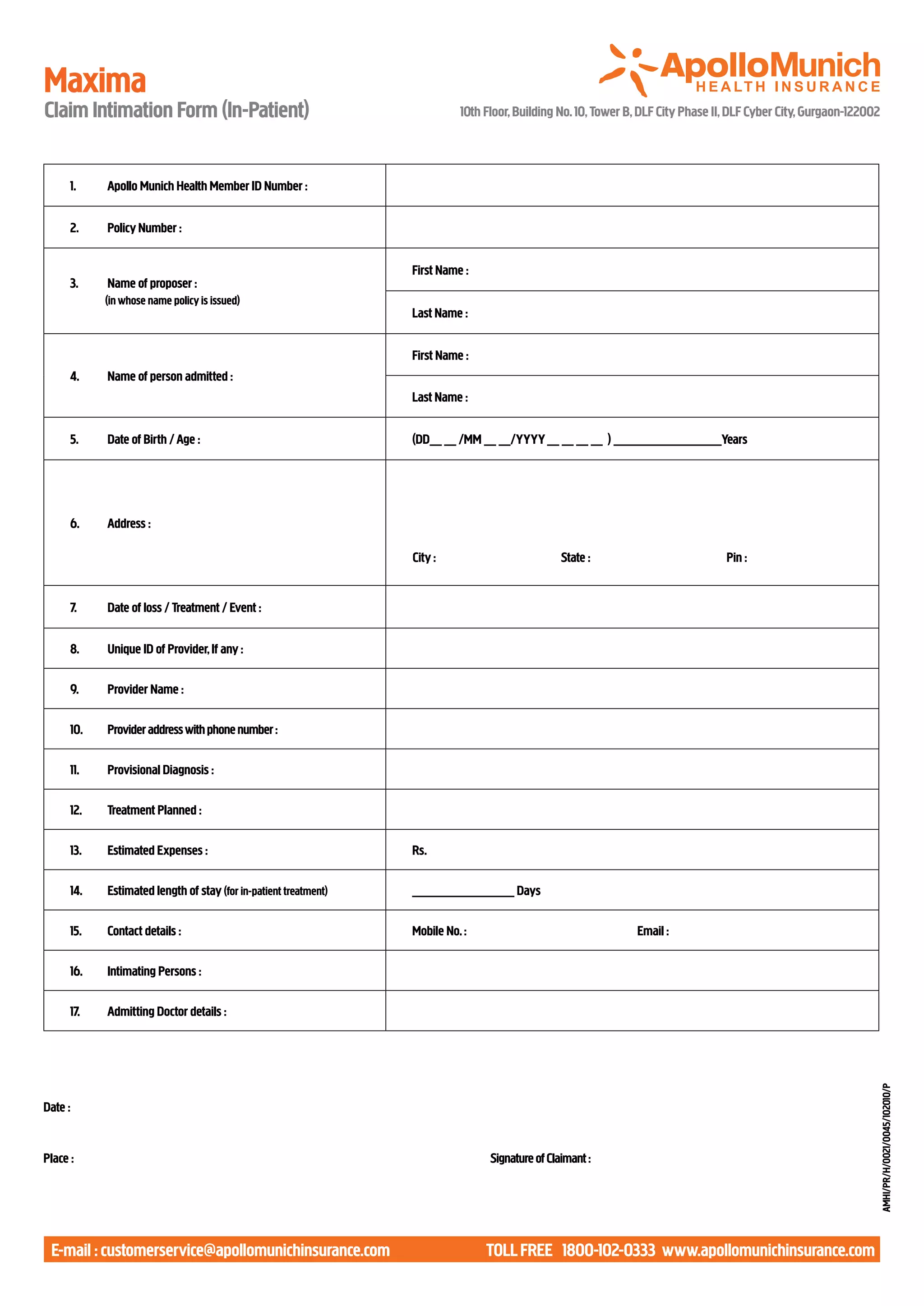 Apollo Munich Maxima Claim Intimation Form | PDF | Health Insurance ...