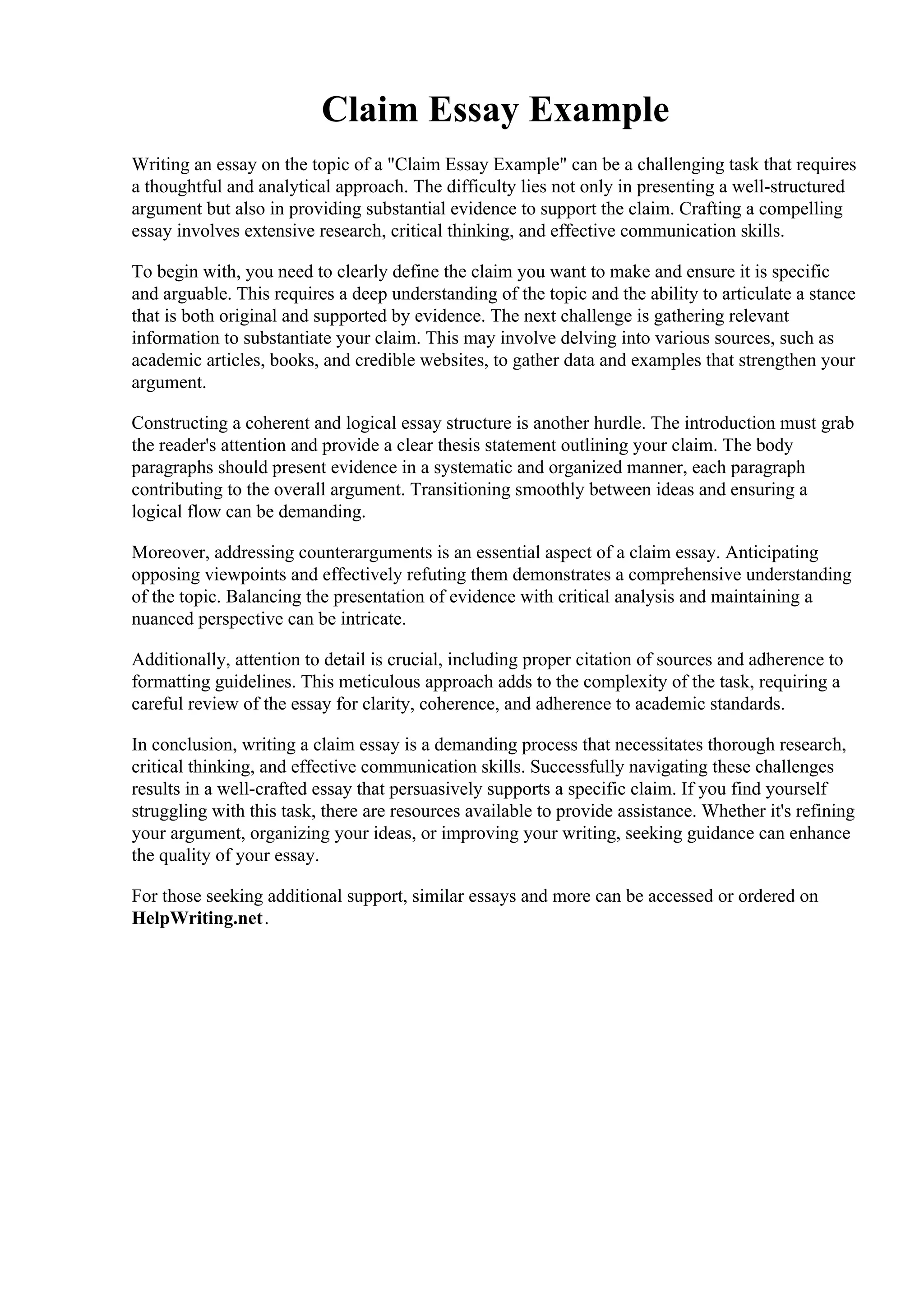 Claim Essay Example. . Claims, Reasons and Evidence in Argumentative ...