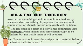 Claim of fact, policy and value for grade 1o English subject | PPTX