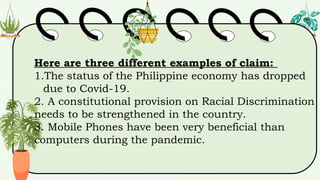 Claim of fact, policy and value for grade 1o English subject | PPTX
